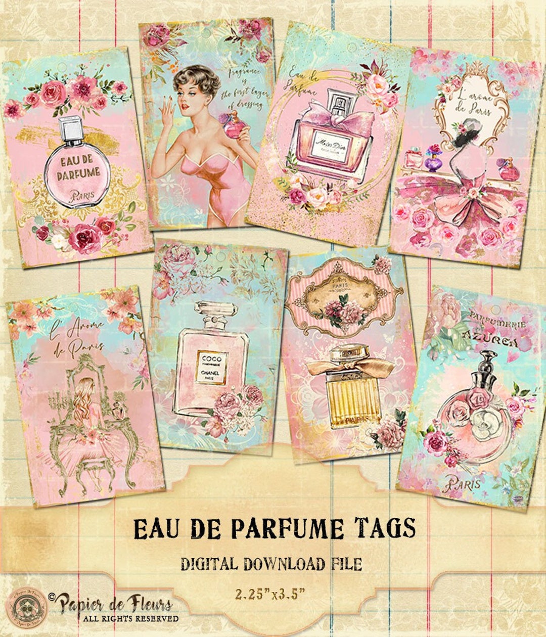 French PARFUME Vintage Tags, French Ephemera EAU DE Parfume, Shabby ...