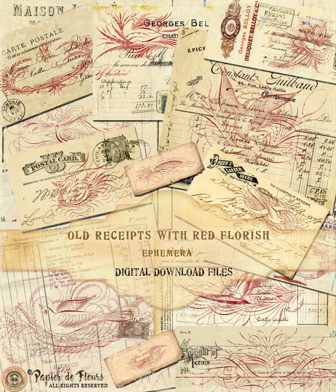 Vintage Receipts Ephemera, Red Florish, Junk Journal (digital Download ...