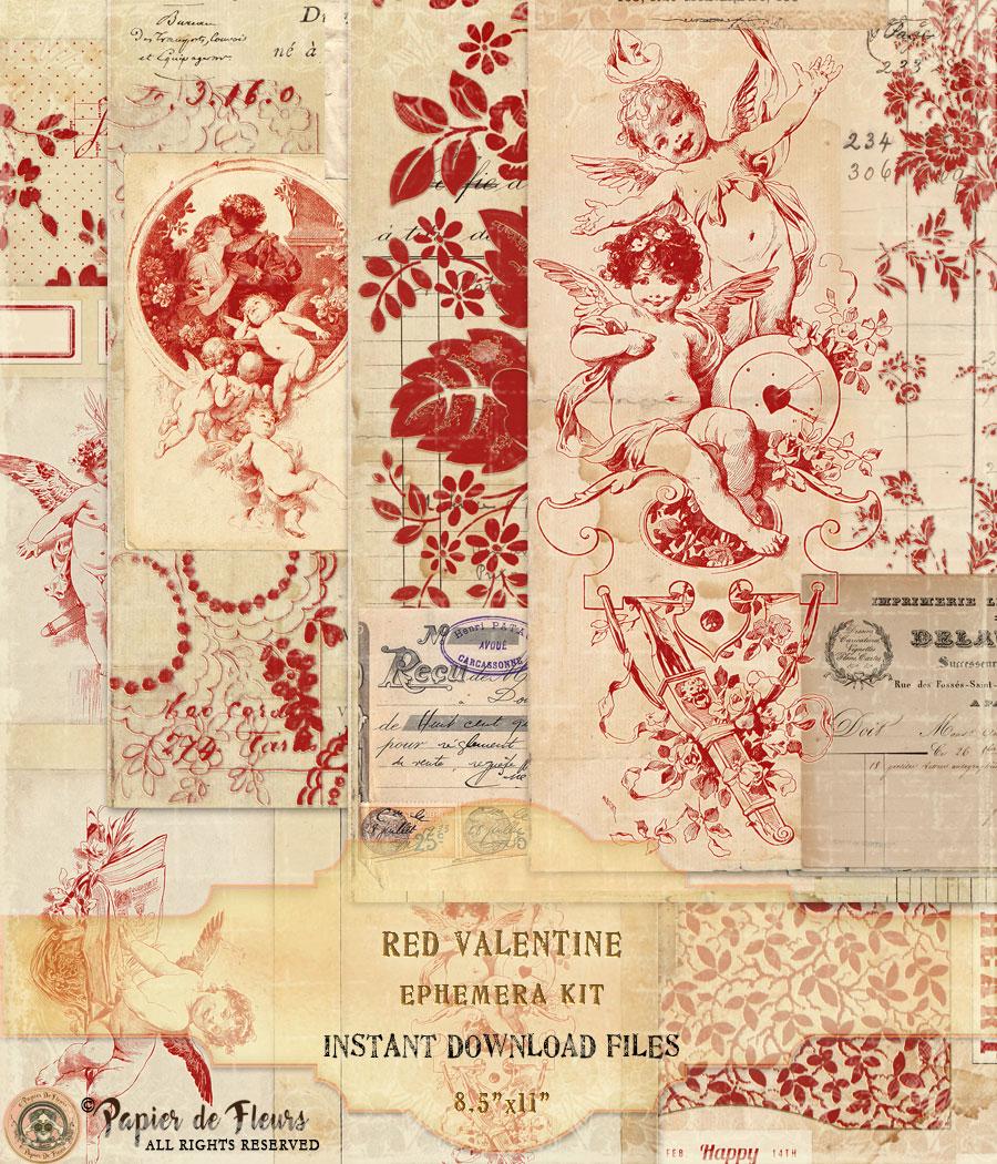 Red Valentine Junk Journal Kit, Vintage Valentine Ephemera Papers ...