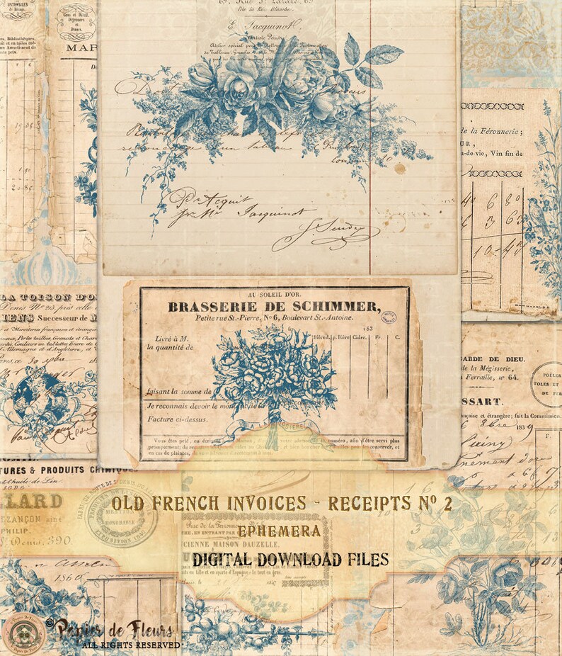 Vintage French Ephemera, Blue Roses, Invoices & Receipts (digital ...