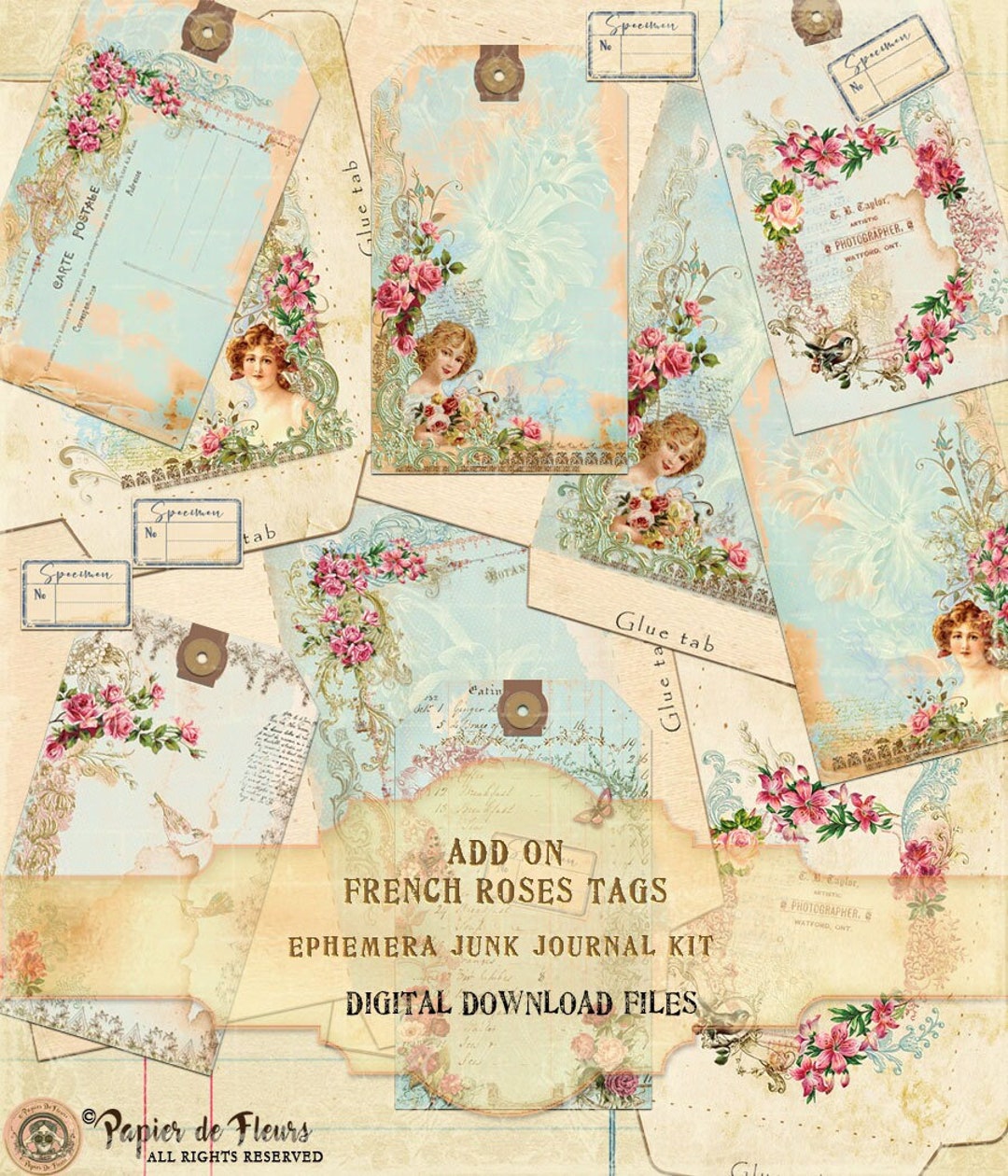 French Roses Cards ADD On, Shabby Chic Roses Tags, Ledger Rosestags ...