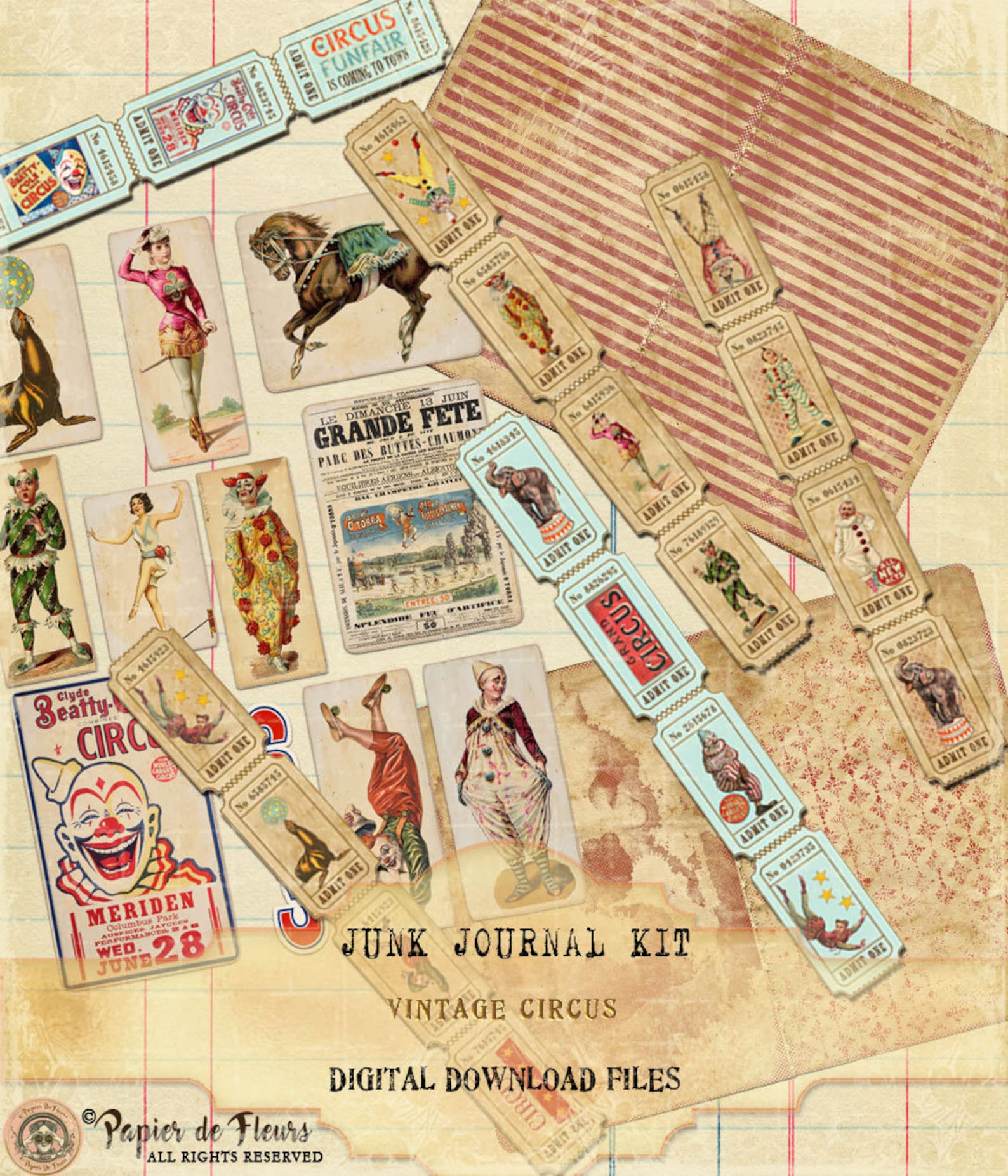 Circus Junk Journal Kit Ephemera, Carnival Ephemera Cards, Vintage ...