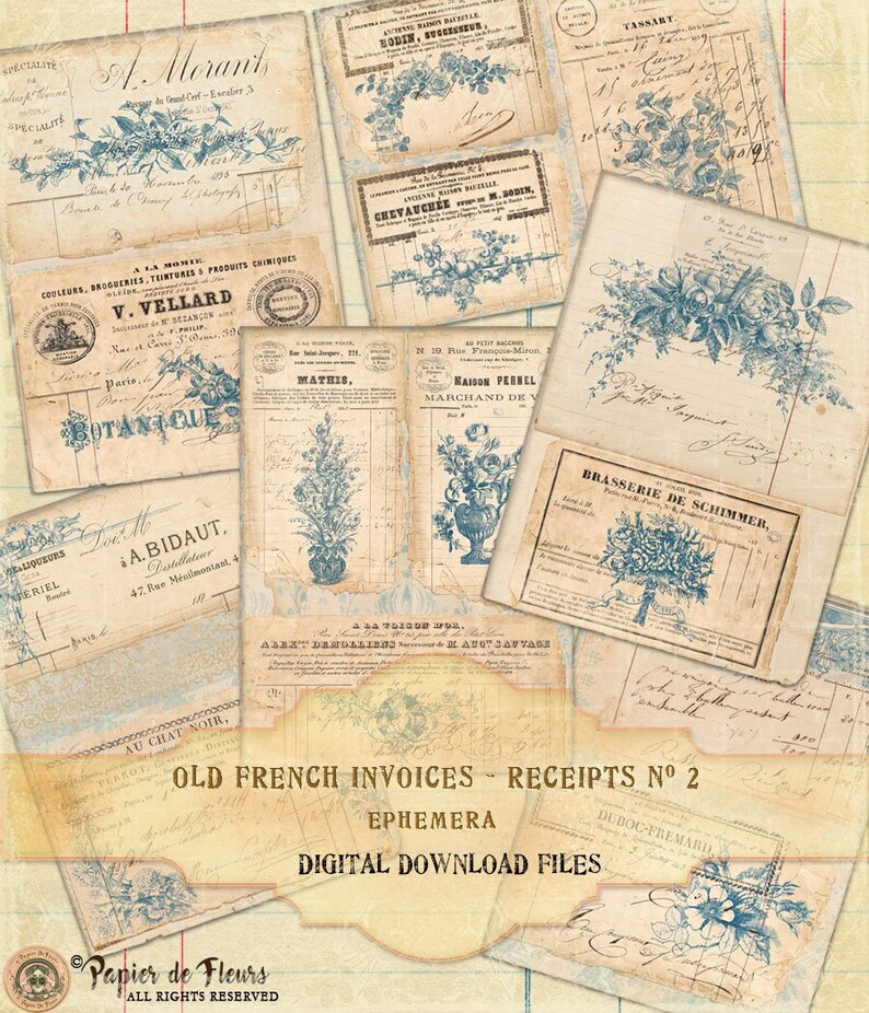 Vintage French Ephemera, Blue Roses, Invoices & Receipts (digital ...