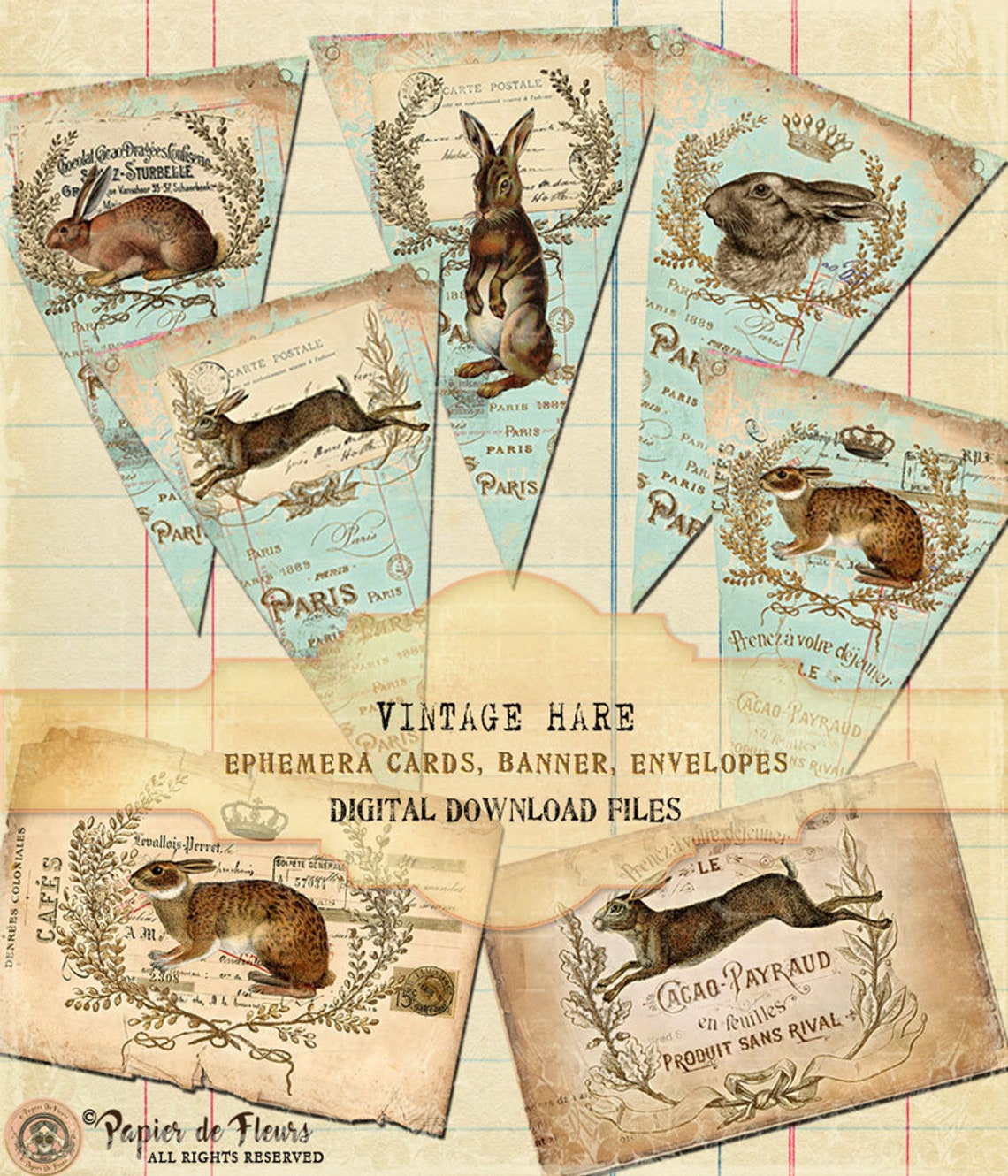 Vintage Hare Rabbits French Ephemera Cards Banner Easter - Etsy