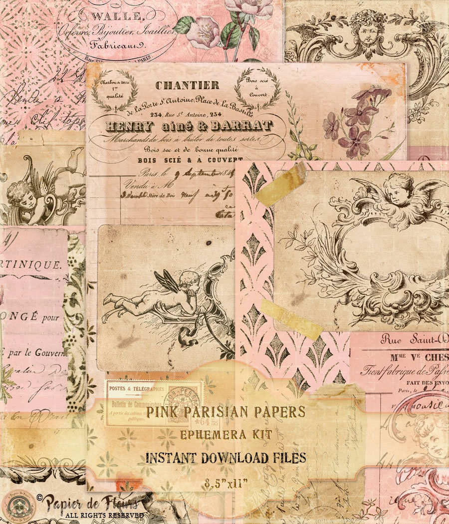 Pink Parisian Papers, French Receipt Papers, French Ornamental Junk ...