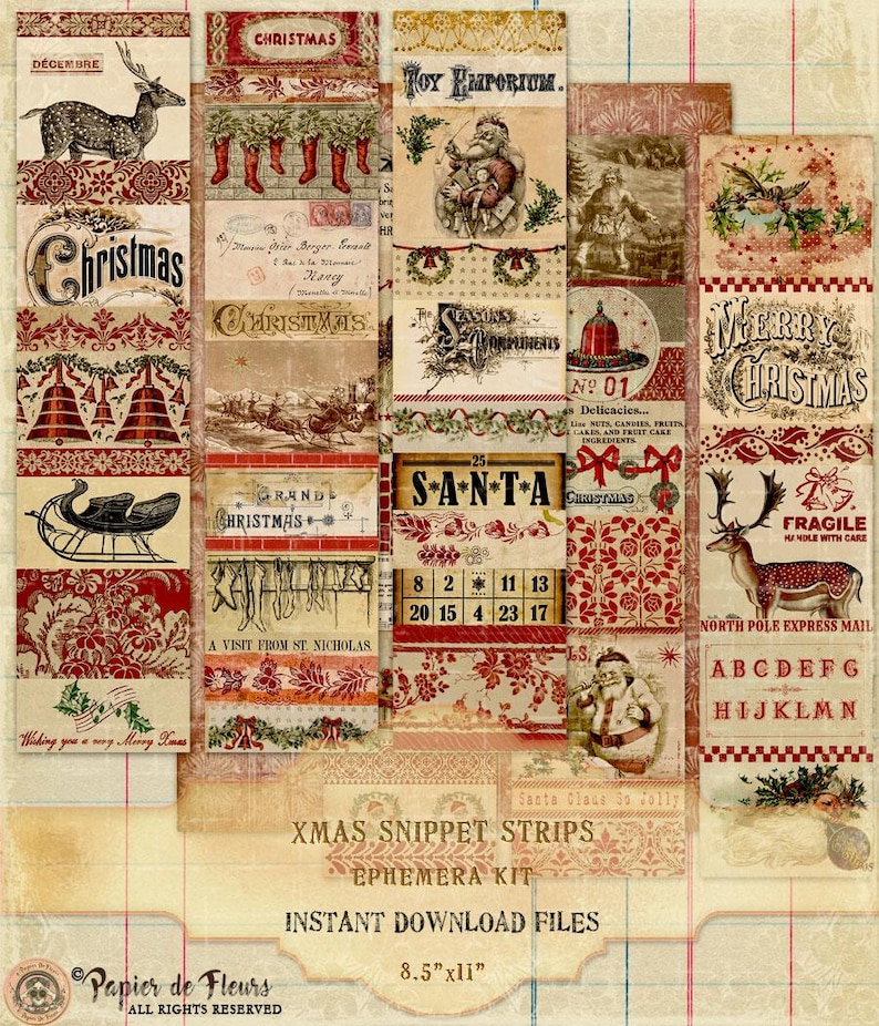 Christmas Snippet Strips: Vintage Ephemera, Collage Paper (digital ...