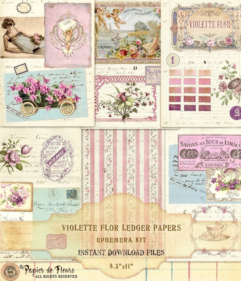 Violette Flor Ephemera Kit: Vintage Ledger Papers (digital Download) - Etsy