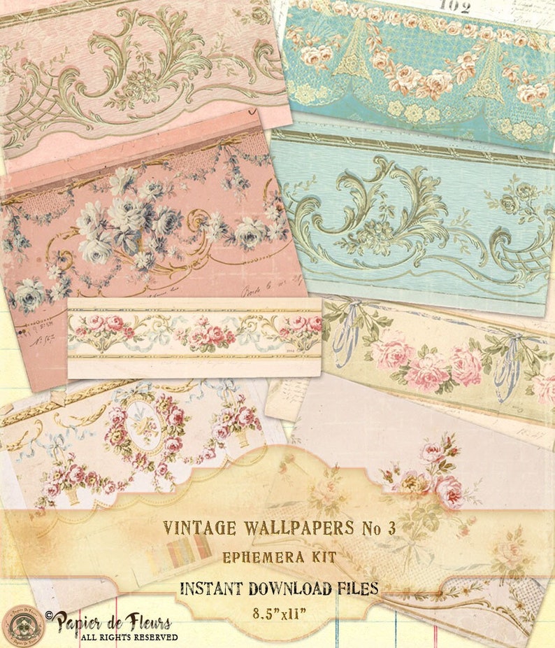Vintage Floral Wallpaper Ephemera Kit: French Blue Roses (instant ...