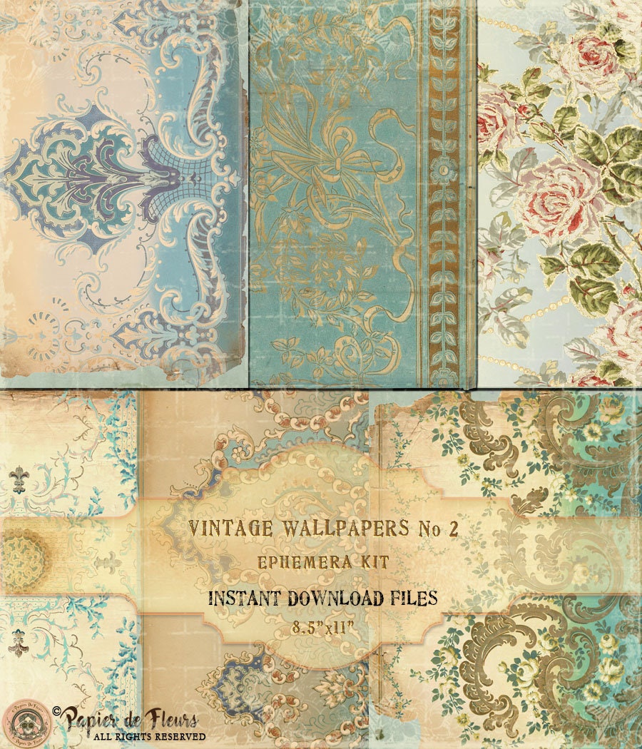 Vintage French Blue Floral Wallpapers: Shabby Chic Ephemera (digital ...