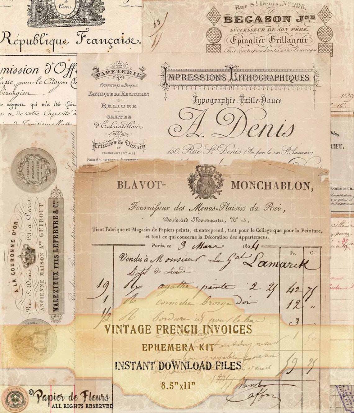 Vintage French Old Invoices & Receipts, French Bureau Papers, French ...