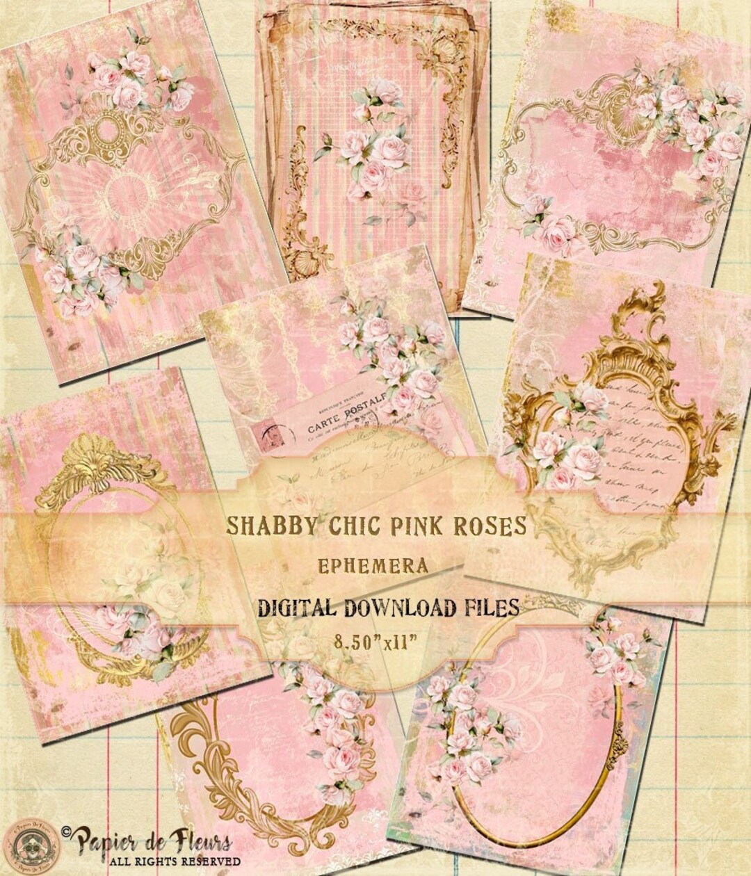 Shabby Chic Pink Roses, Tattered Pastel Pink French Junk Journal Pages ...