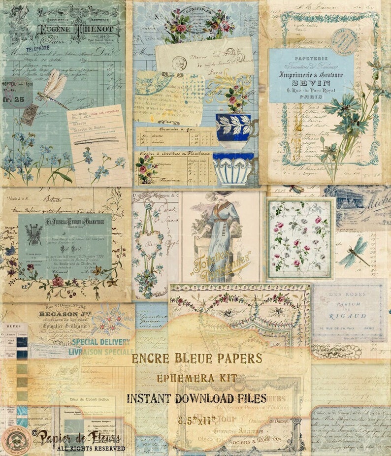 French Blue Papers Vintage Collection, Encre Bleue Papier, French Blue ...