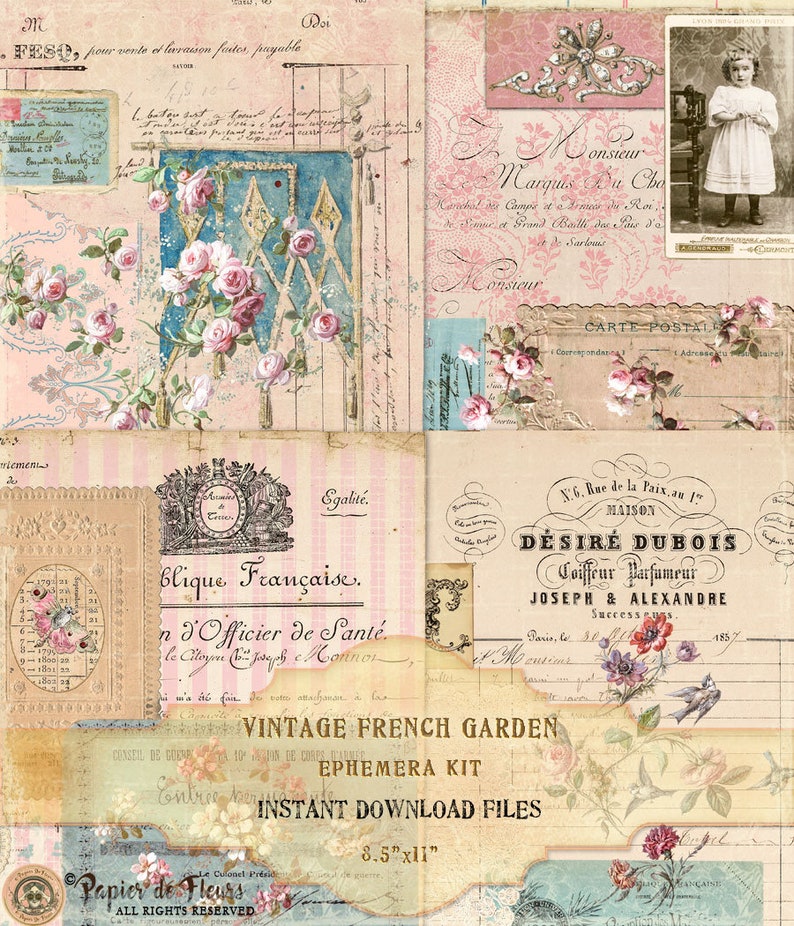 French Garden Ephemera, Shabby Chic Junk Journal Pages (instant ...