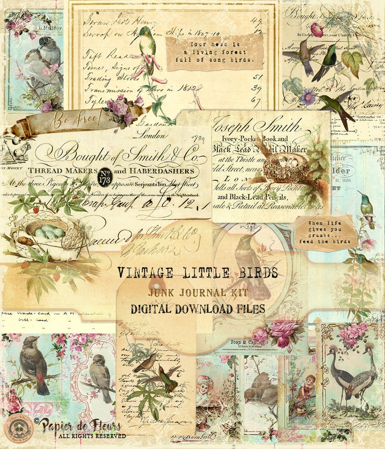 Ephemera Birds Junk Journal Kit, Vintage Birds, Antique Tea Stained ...