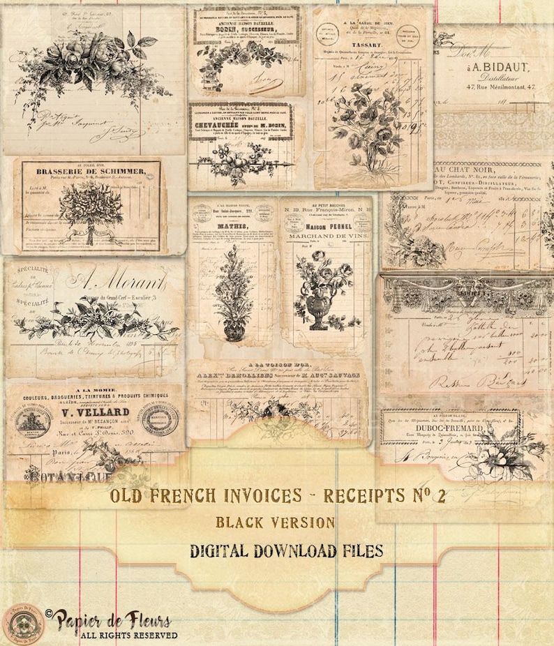 Vintage French Invoices & Receipts Ephemera: Black Roses Collage ...