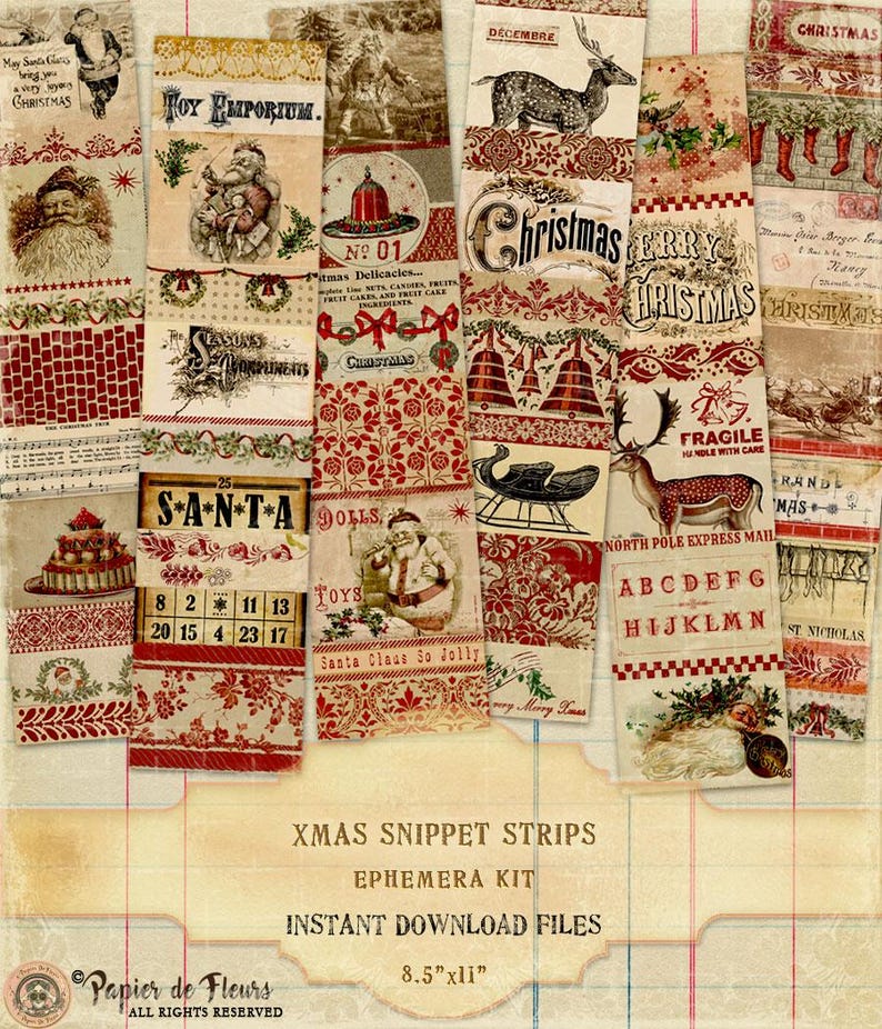 Christmas Snippet Strips: Vintage Ephemera, Collage Paper (digital ...