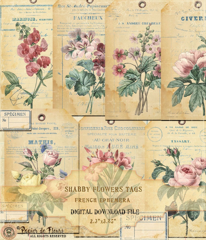 French Shabby Chic Floral Tags, French Receipts Tags, French Blue ...