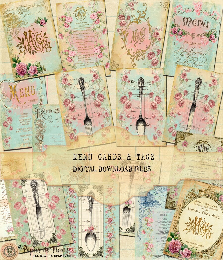 MENU Cards & Tags Printable Files, Ephemera Menu Cards, Vintage Menu ...