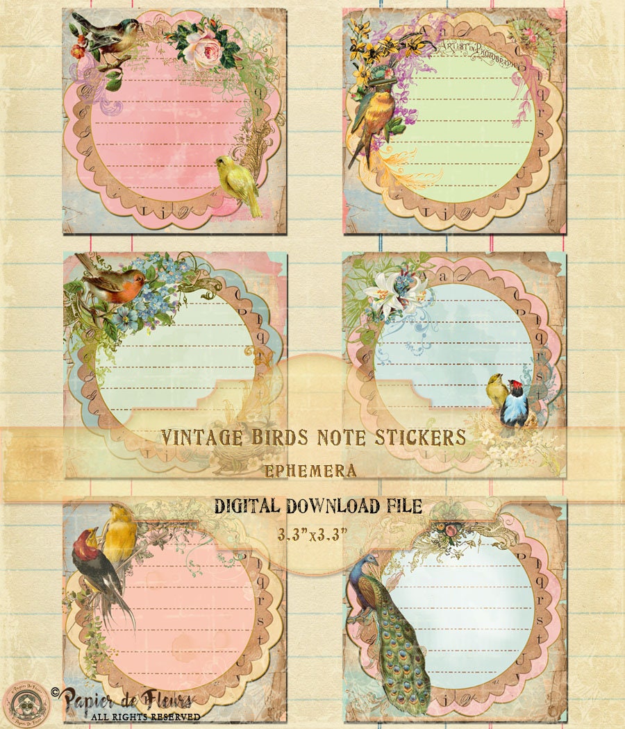 Ephemera Birds Note Stickers, Vintage Birds, Antique Tea Stained ...