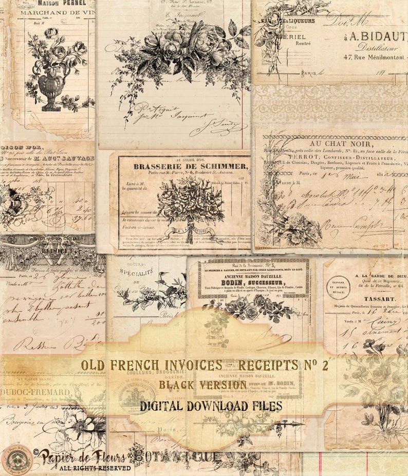 Vintage French Invoices & Receipts Ephemera: Black Roses Collage ...