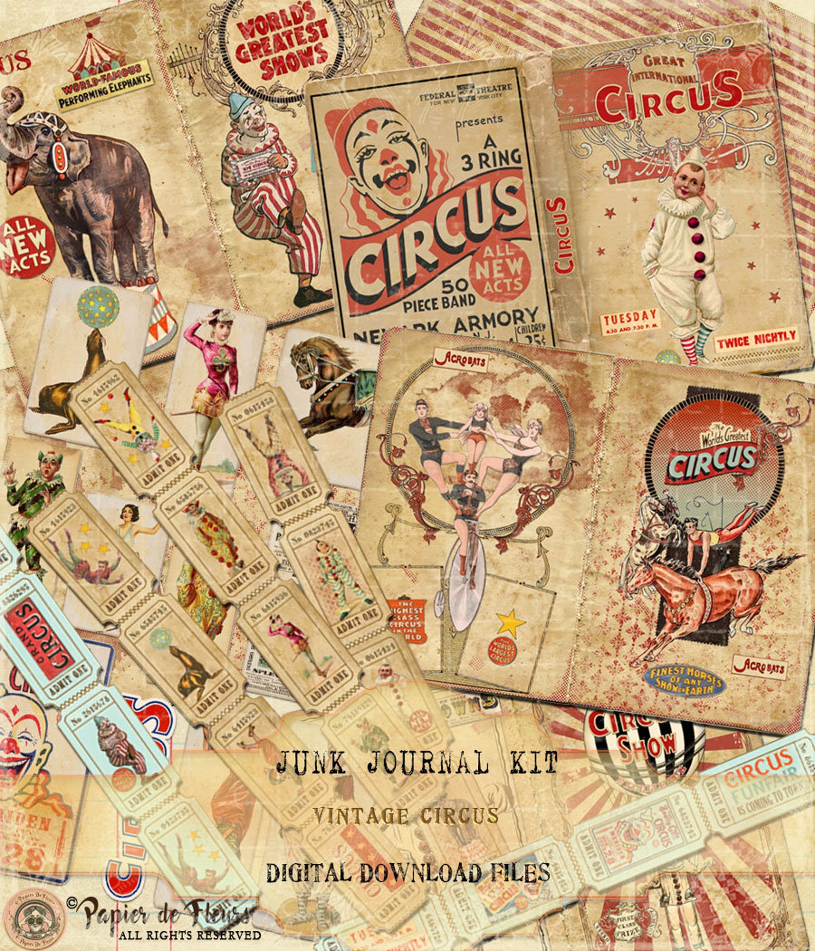Circus Junk Journal Kit Ephemera, Carnival Ephemera Cards, Vintage ...