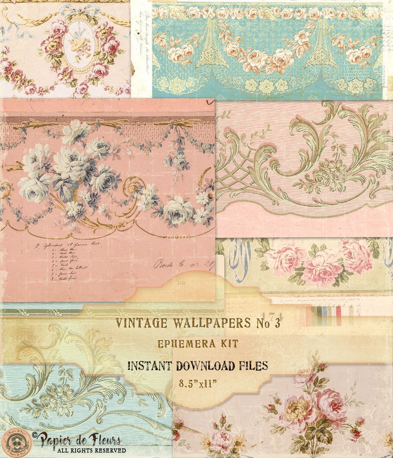 Vintage Floral Wallpaper Ephemera Kit: French Blue Roses (instant ...