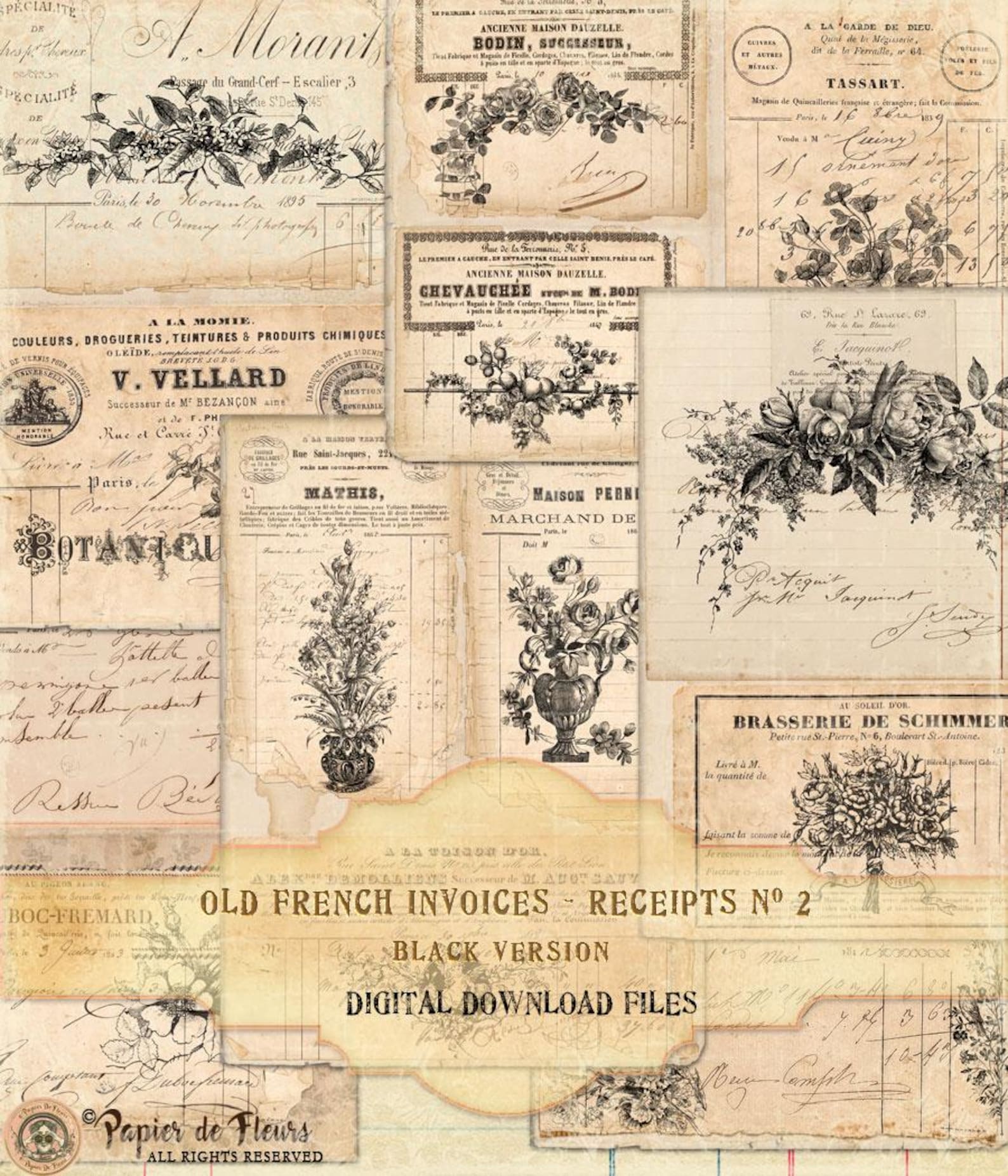Vintage French Invoices & Receipts Ephemera: Black Roses Collage ...