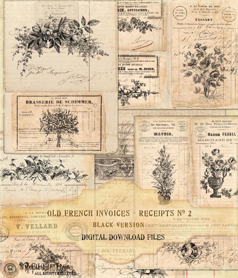 Vintage French Invoices & Receipts Ephemera: Black Roses Collage ...