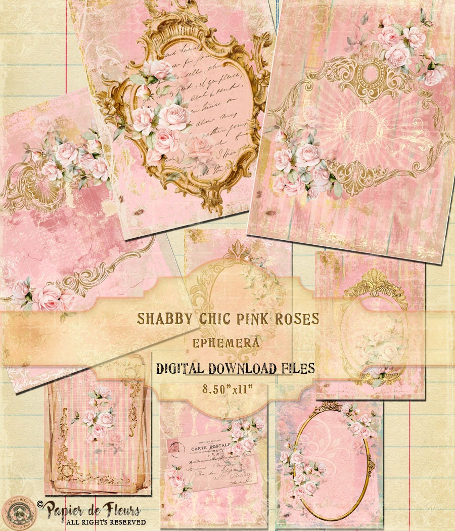 Shabby Chic Pink Roses, Tattered Pastel Pink French Junk Journal Pages ...