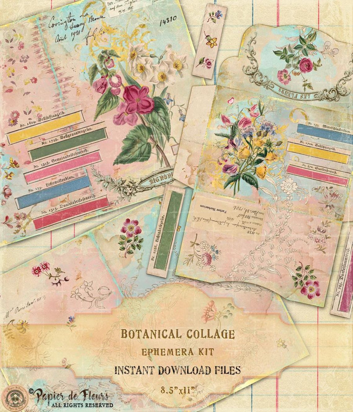 Botanical Collage Ephemera Kit, Vintage Floral Papers (instant Download ...