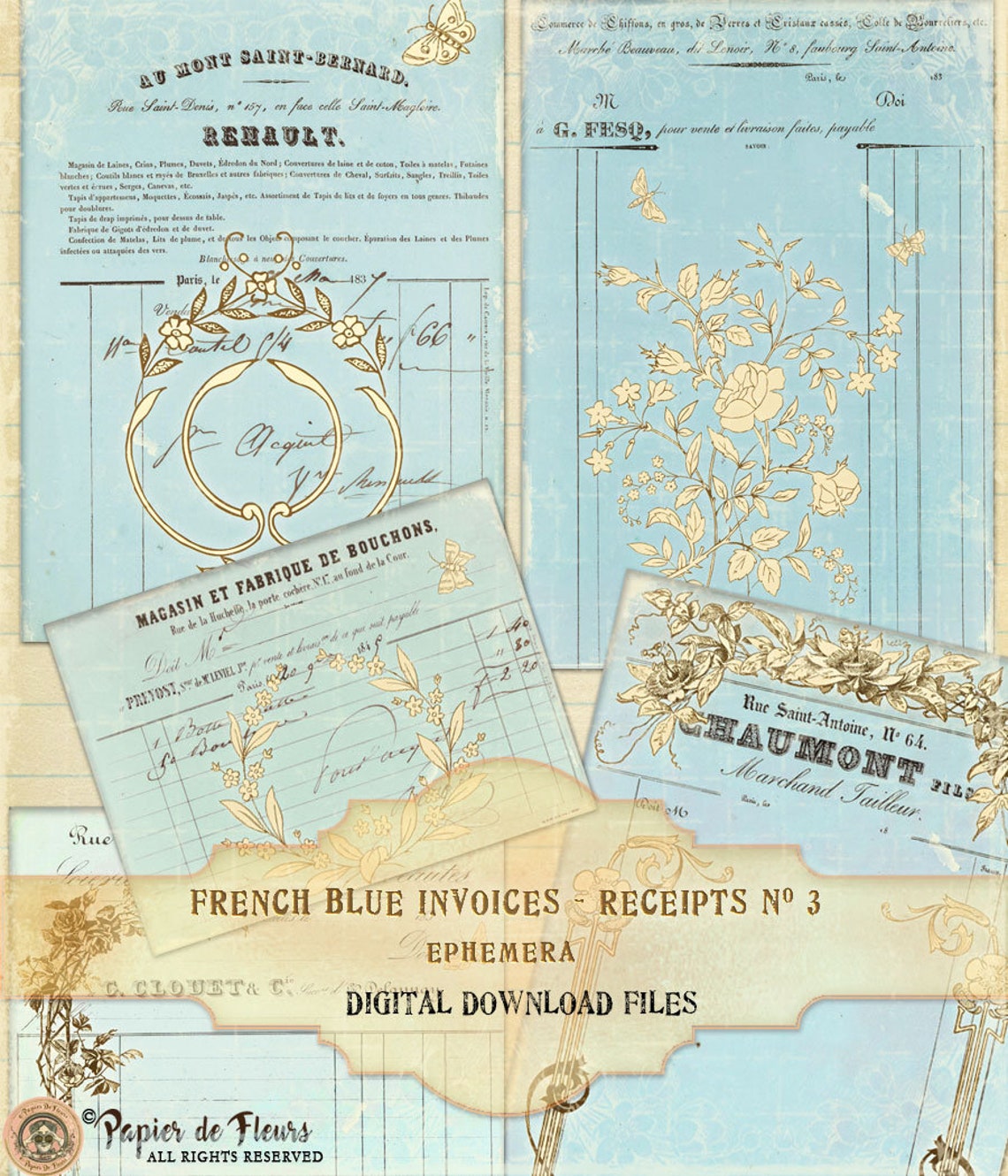 Vintage French Blue Invoices & Receipts, French Blue Ledger Papers ...