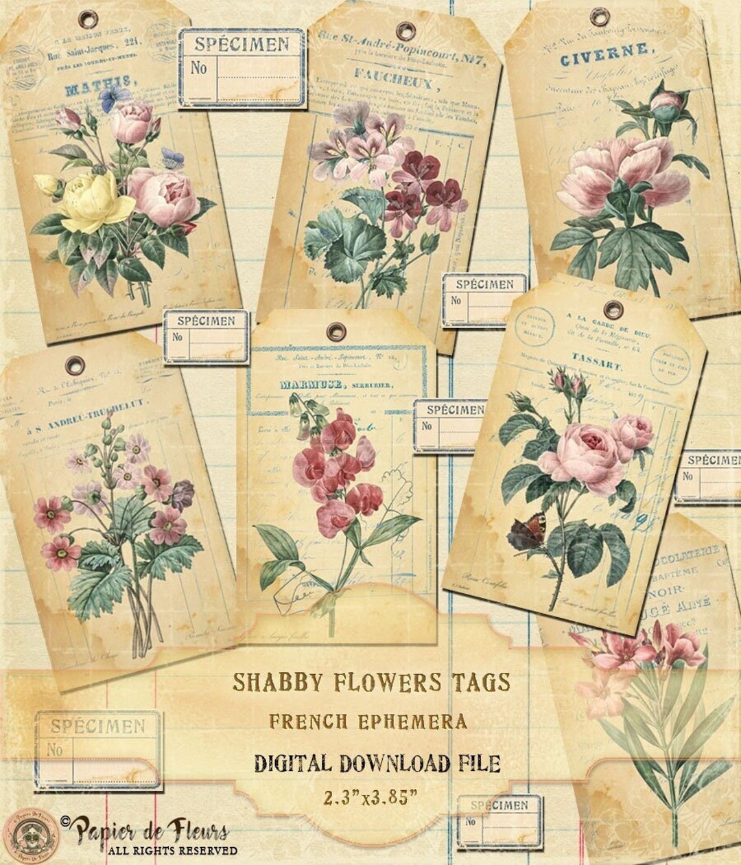 French Shabby Chic Floral Tags, French Receipts Tags, French Blue ...