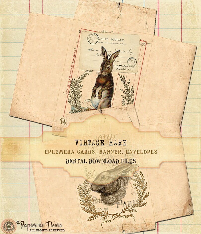 Vintage Hare Rabbits French Ephemera Cards Banner Easter - Etsy