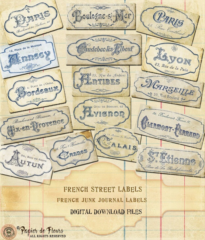 French Ephemera Street Labels, French Address Blue Labels, French ...