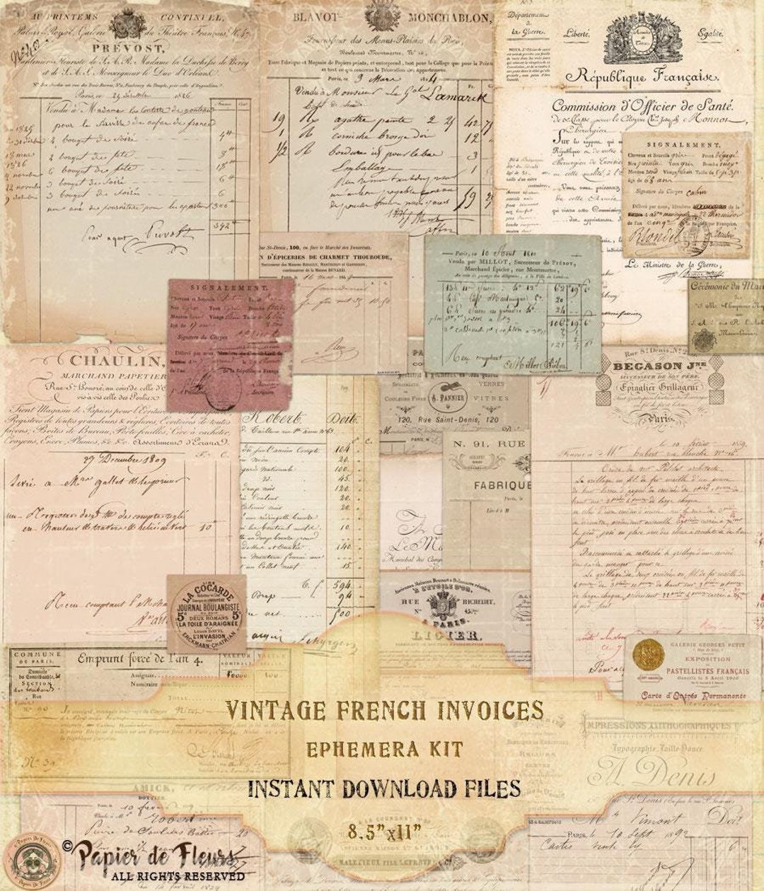 Vintage French Ephemera, Old Invoices & Receipts (digital Collage ...