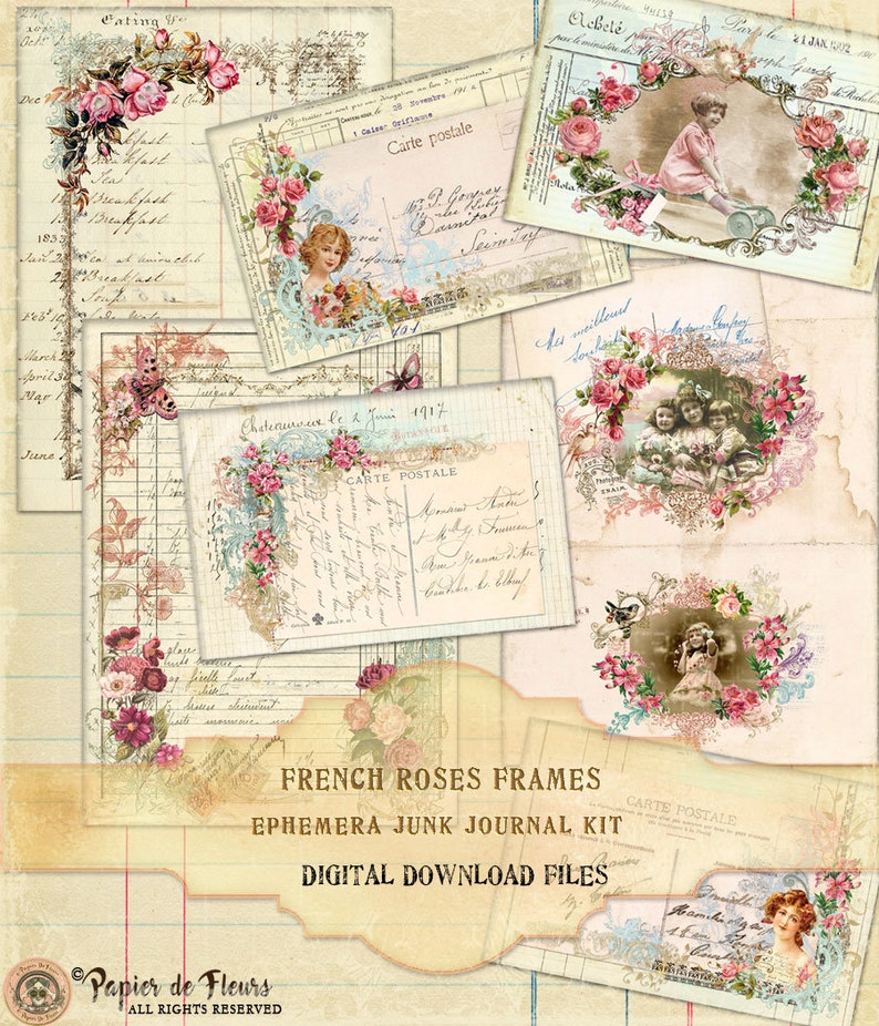 French Roses Cards, Shabby Chic Roses, Ledger Papers, Postcards ...