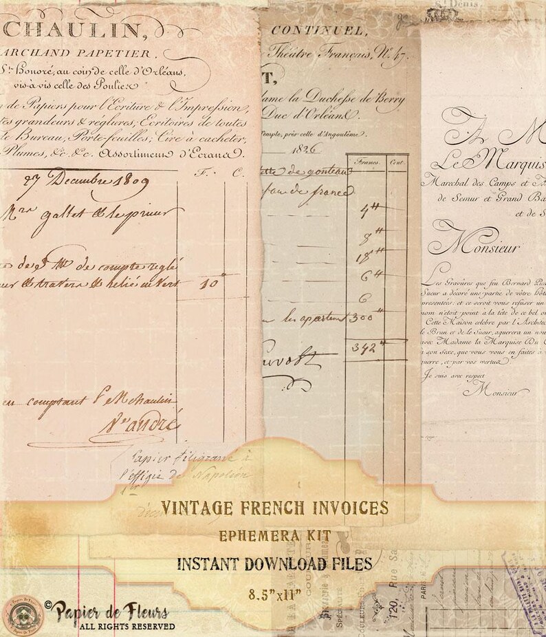 Vintage French Old Invoices & Receipts, French Bureau Papers, French ...