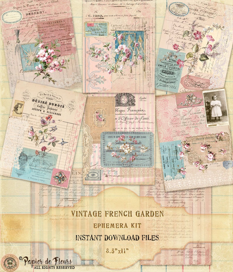 French Garden Ephemera, Shabby Chic Junk Journal Pages (instant ...