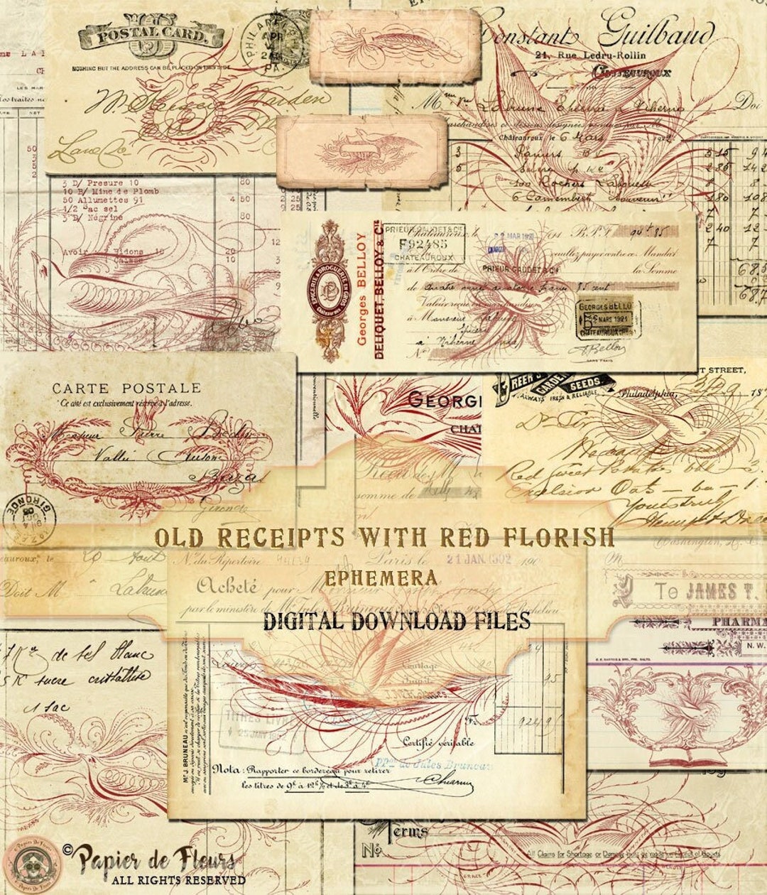 Old Receipts With Red Florish, Printable Vintage Receipts, Old Invoices ...