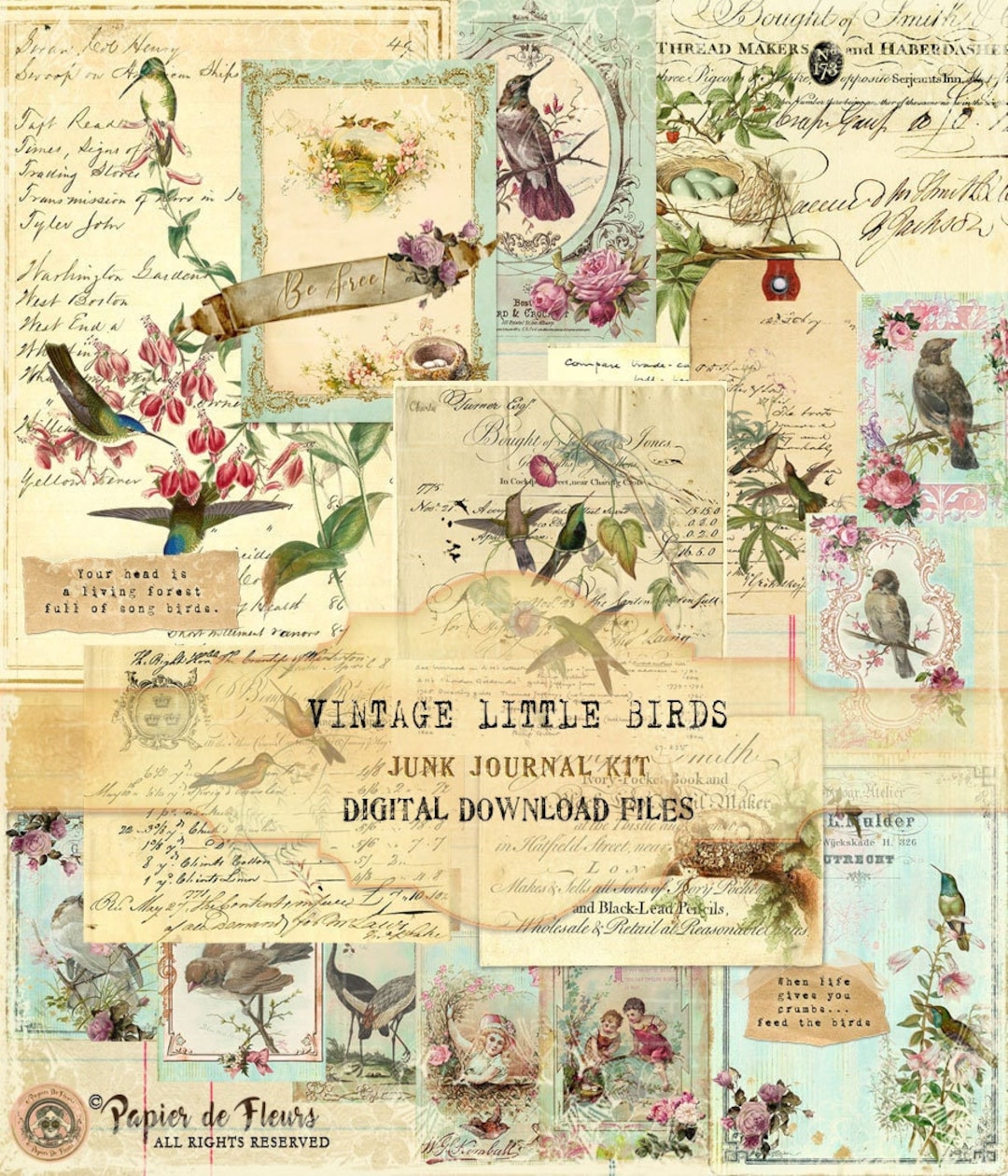 Ephemera Birds Junk Journal Kit, Vintage Birds, Antique Tea Stained ...