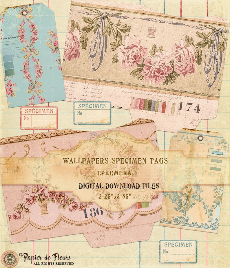 French Ephemera Kit: Rose Wallpaper Tags, Specimens (instant Download ...