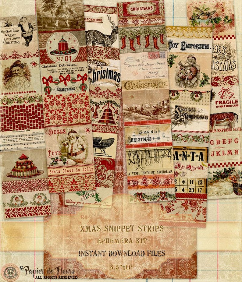 Christmas Snippet Strips: Vintage Ephemera, Collage Paper (digital ...