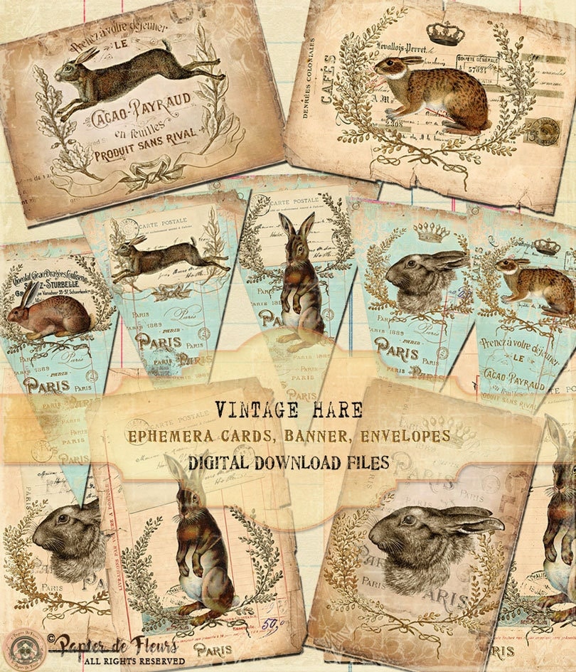 Vintage Hare Rabbits French Ephemera Cards Banner Easter - Etsy