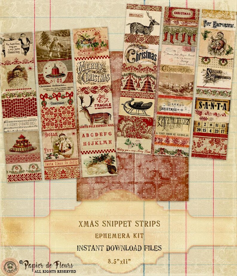 Christmas Snippet Strips: Vintage Ephemera, Collage Paper (digital ...