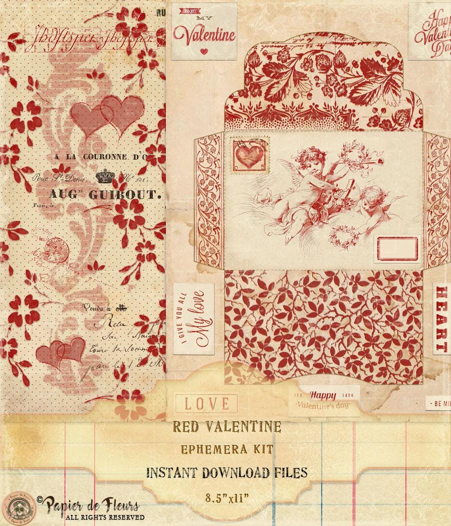 Red Valentine Junk Journal Kit, Vintage Valentine Ephemera Papers ...