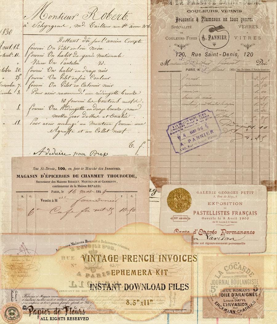 Vintage French Old Invoices & Receipts, French Bureau Papers, French ...