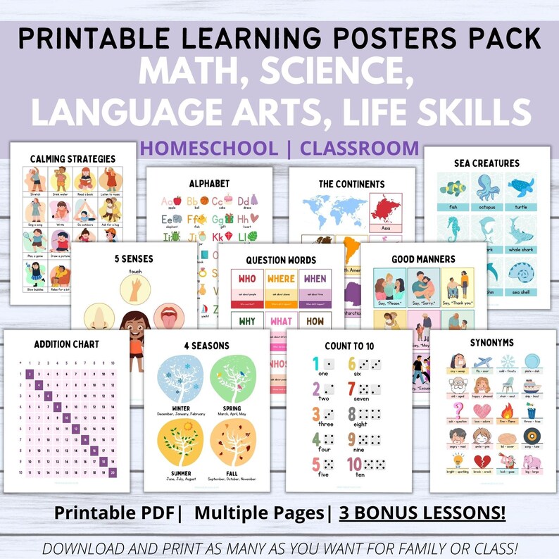 Homeschool Printable Learning Poster Pack, 3 Bonus Lessons, Math ...