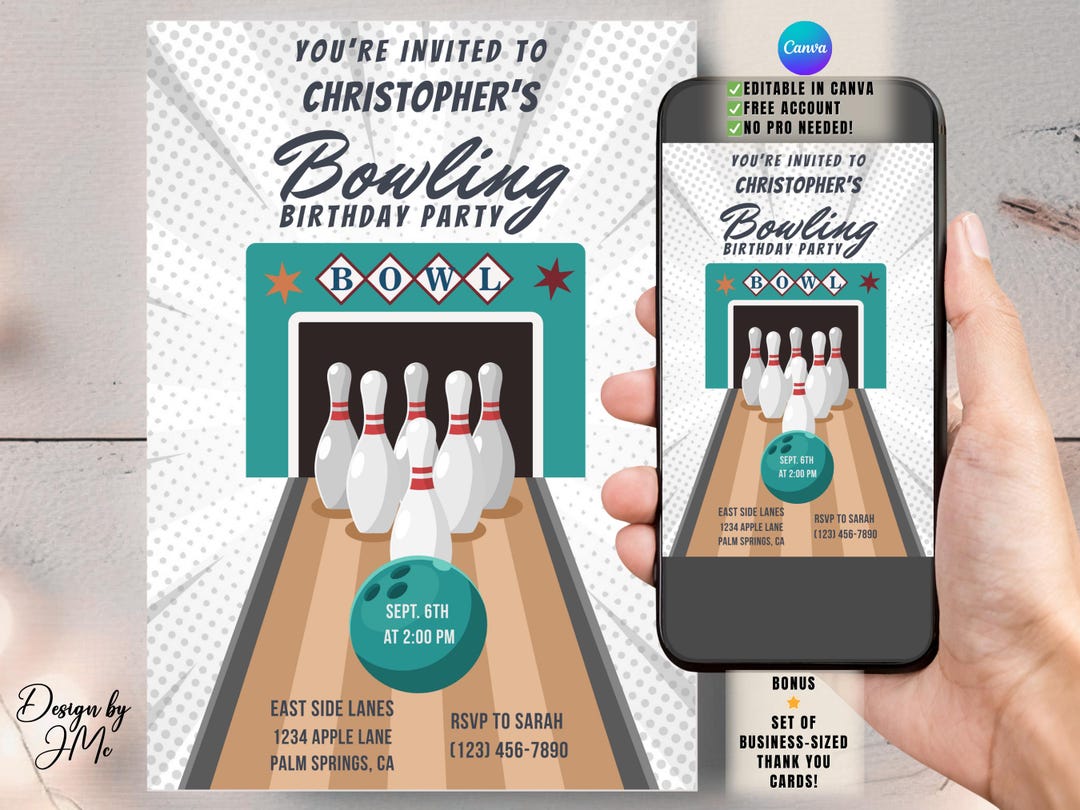 Editable Bowling Birthday Printable Digital Invitation, Custom Bowling ...