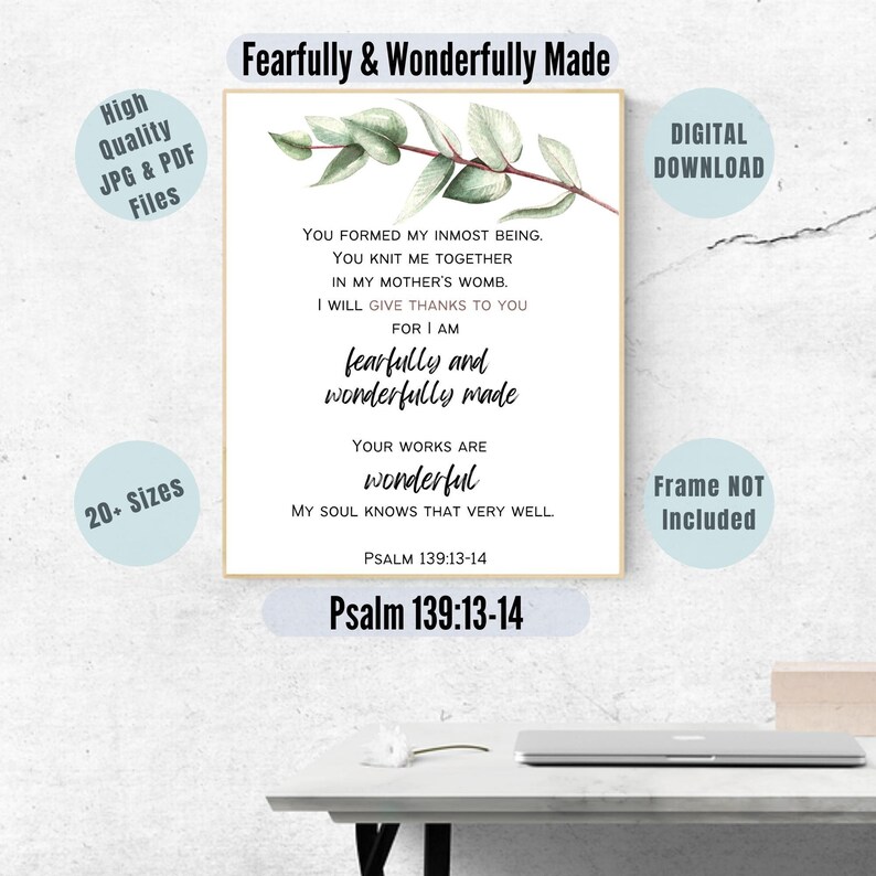 Printable Bible Verse Wall Art, Psalm 139:113-14, Fearfully and ...