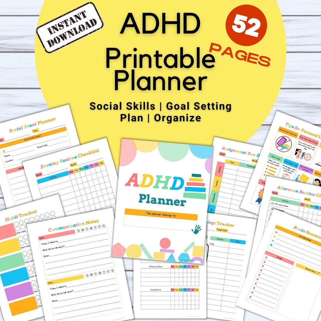 Kids ADHD Planner, Printable Workbook, Organizer, Monthly Daily Planner ...